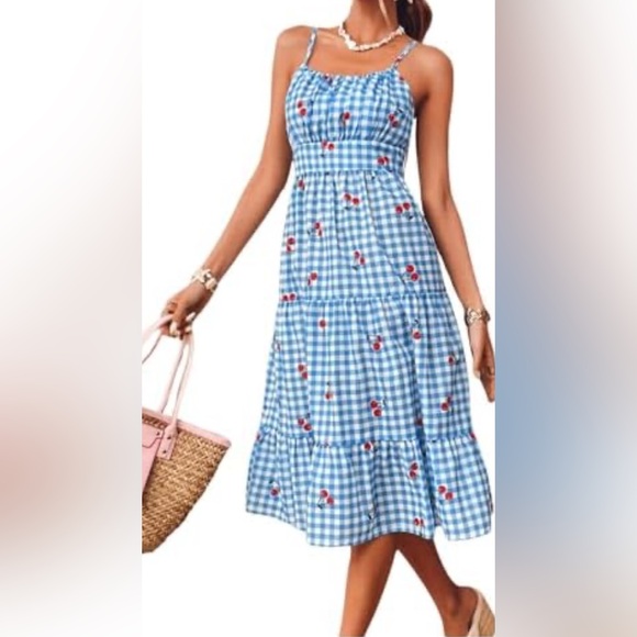 Japna | Dresses | Japna Cherry Print Blue Gingham Pattern Sleeveless ...